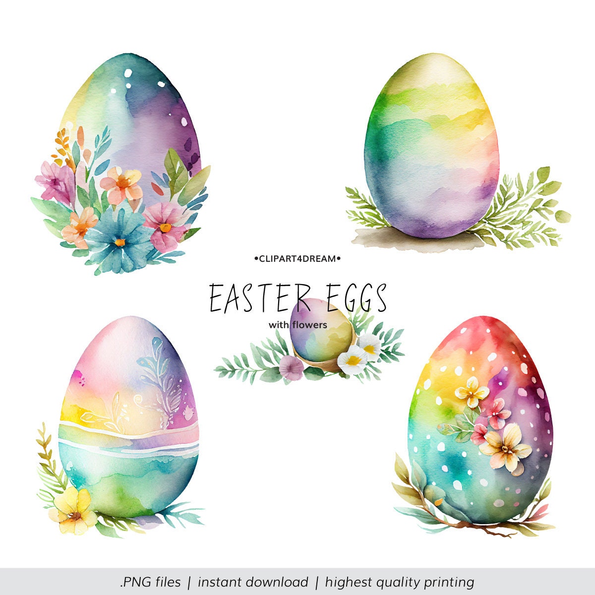 Easter Eggs Floral Clipart, Watercolor Easter Egg With Flowers Clip Art ...