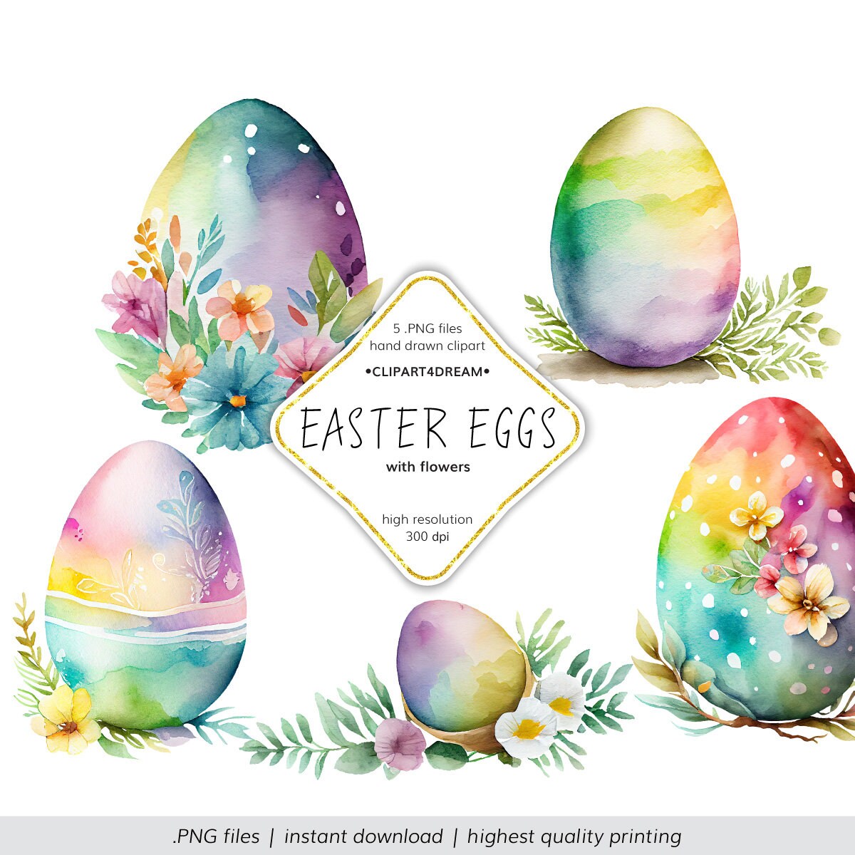 Easter Eggs Floral Clipart, Watercolor Easter Egg With Flowers Clip Art ...