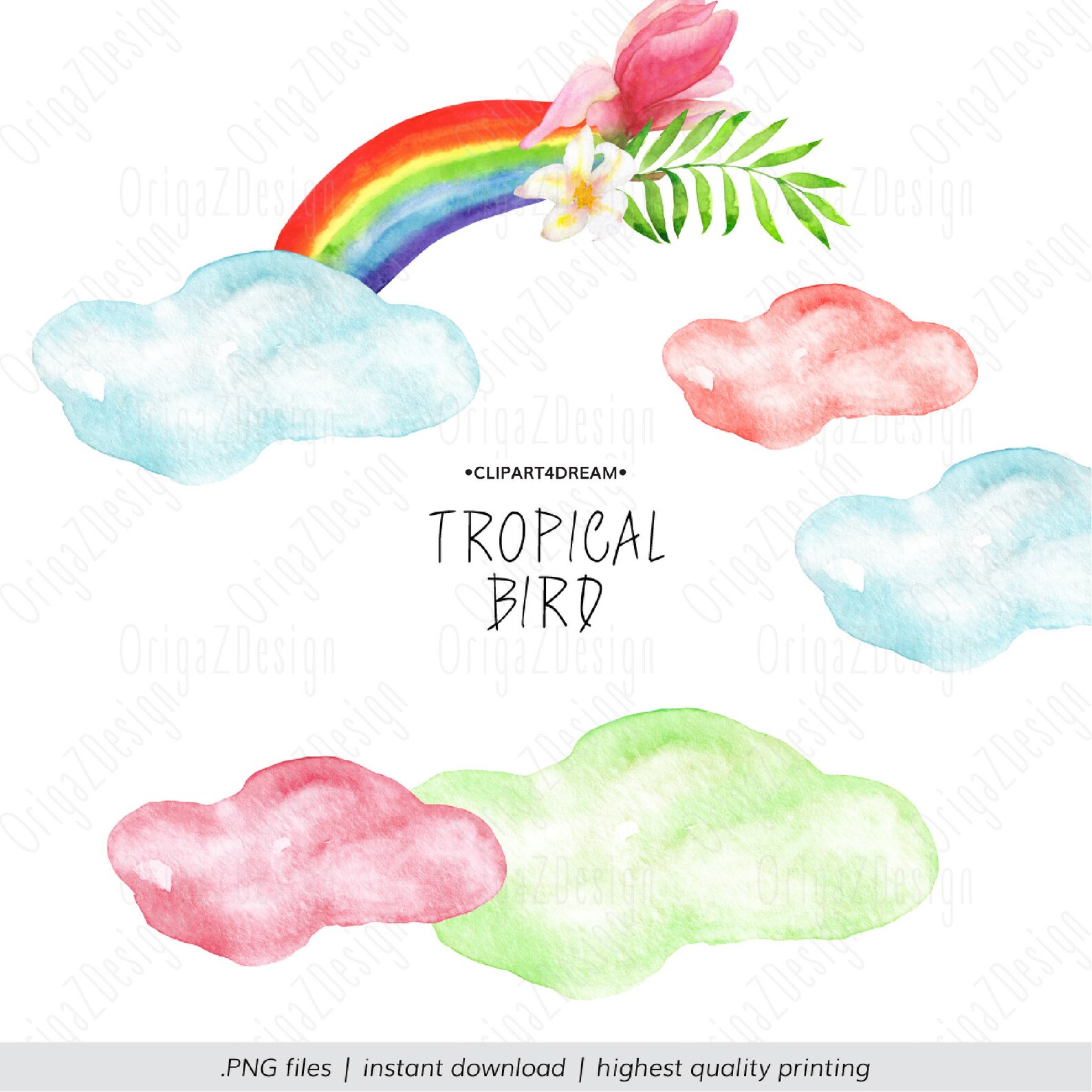 Tropical Bird Clipart, Watercolor Hawaii Flowers Toucan Flamingo ...