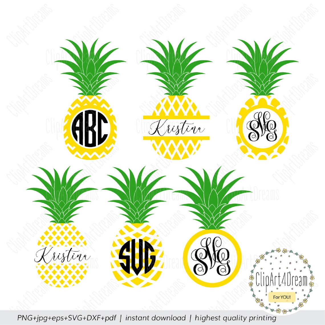 Pineapple Monogram SVG Circle Split Frame Monogram Pineapple Cut Files ...