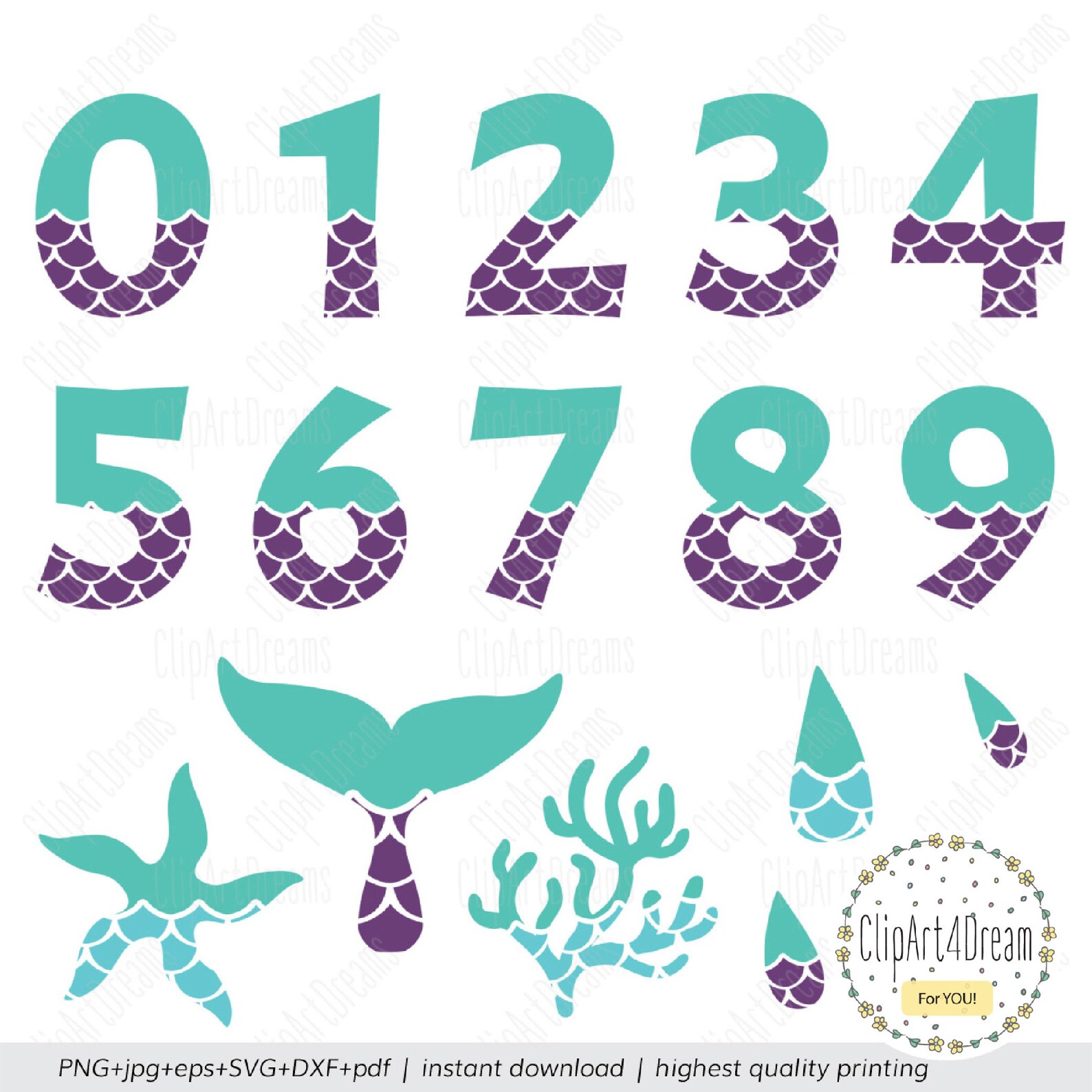 Mermaid Numbers Svg Mermaid Tail Starfish Svg Files Clipart Digital ...
