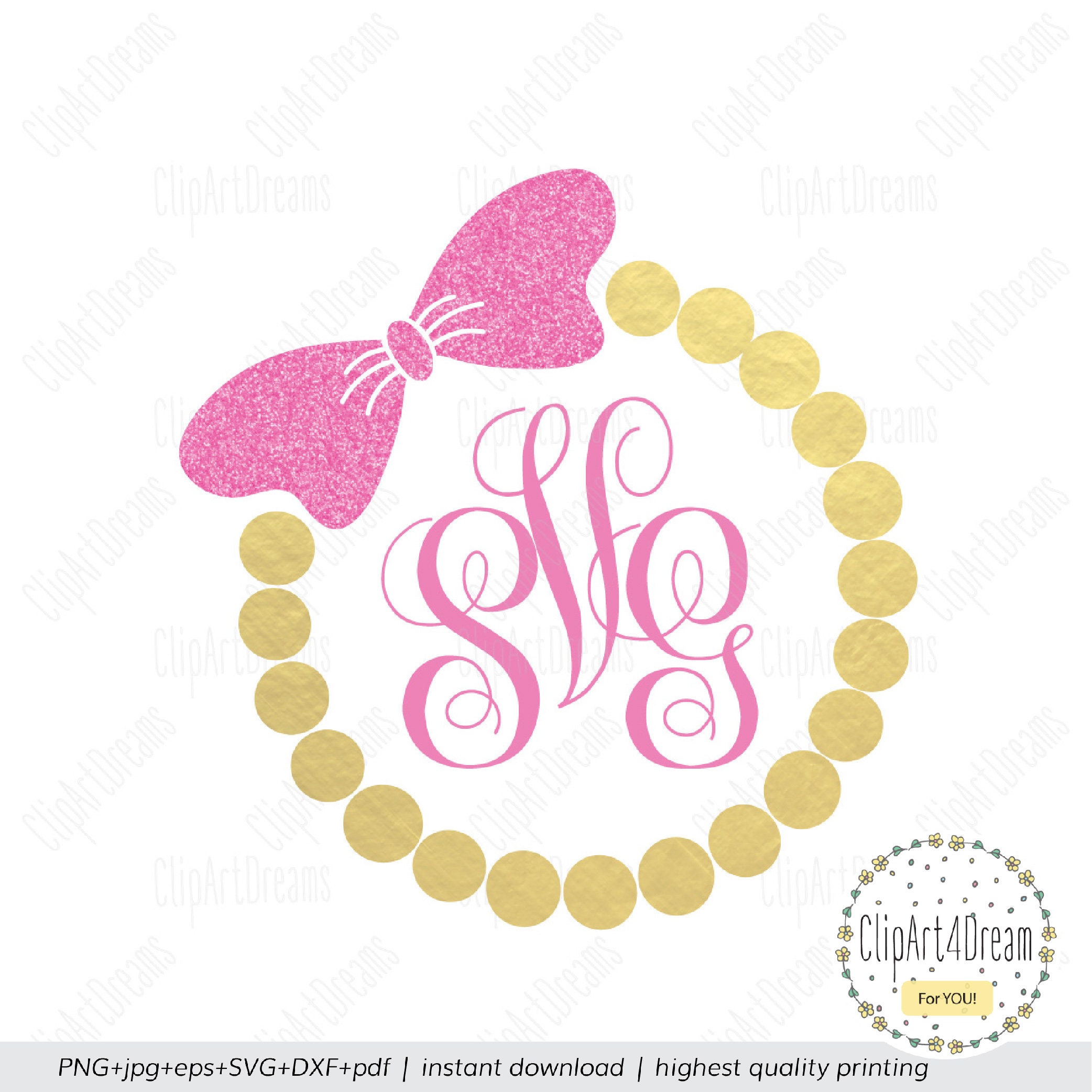 Bow Monogram SVG, Circle Pearls Monogram SVG Frame, Girl Bow Monogram ...