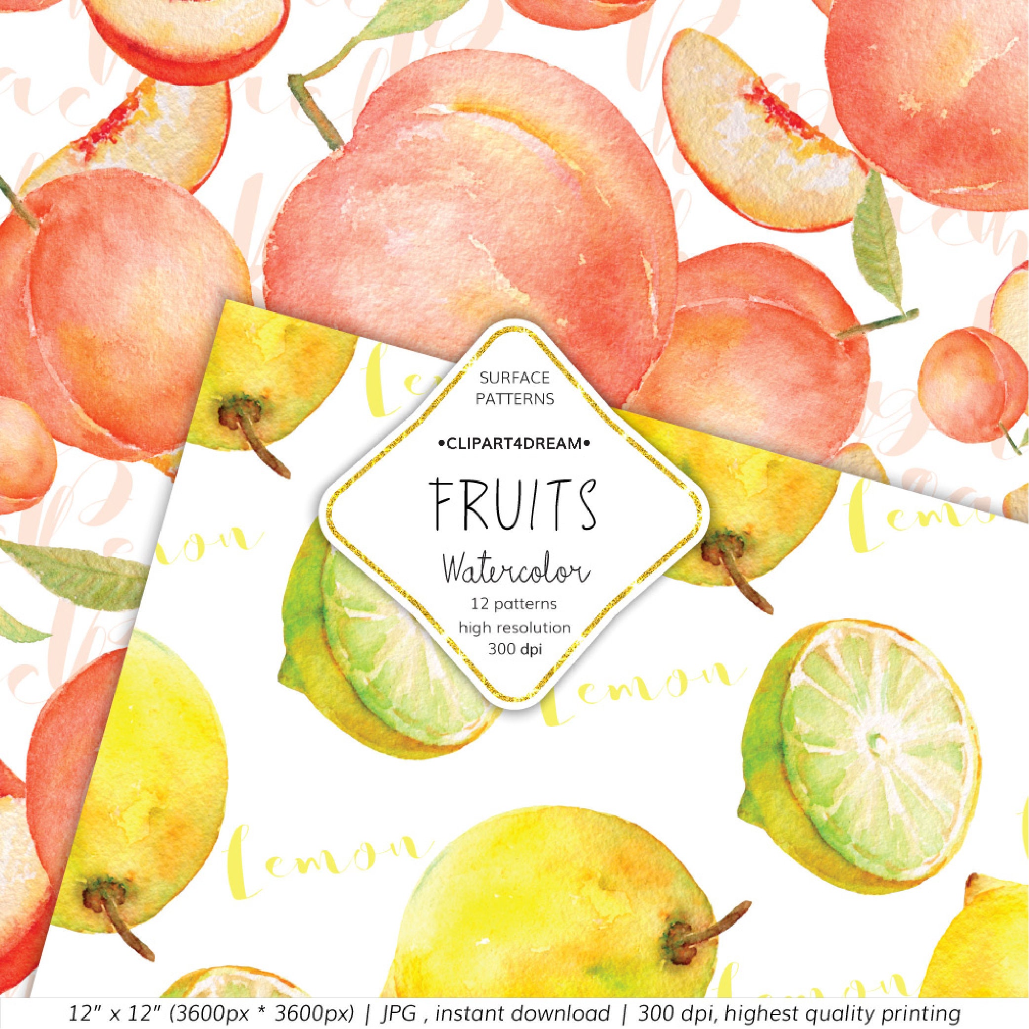 Watercolor Fruit Digital Paper Pack Seamless Pattern Lemon - Etsy