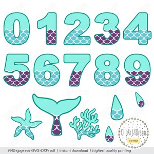 Mermaid Numbers SVG Outline Mermaid Tail Starfish PNG Numbers Digital ...