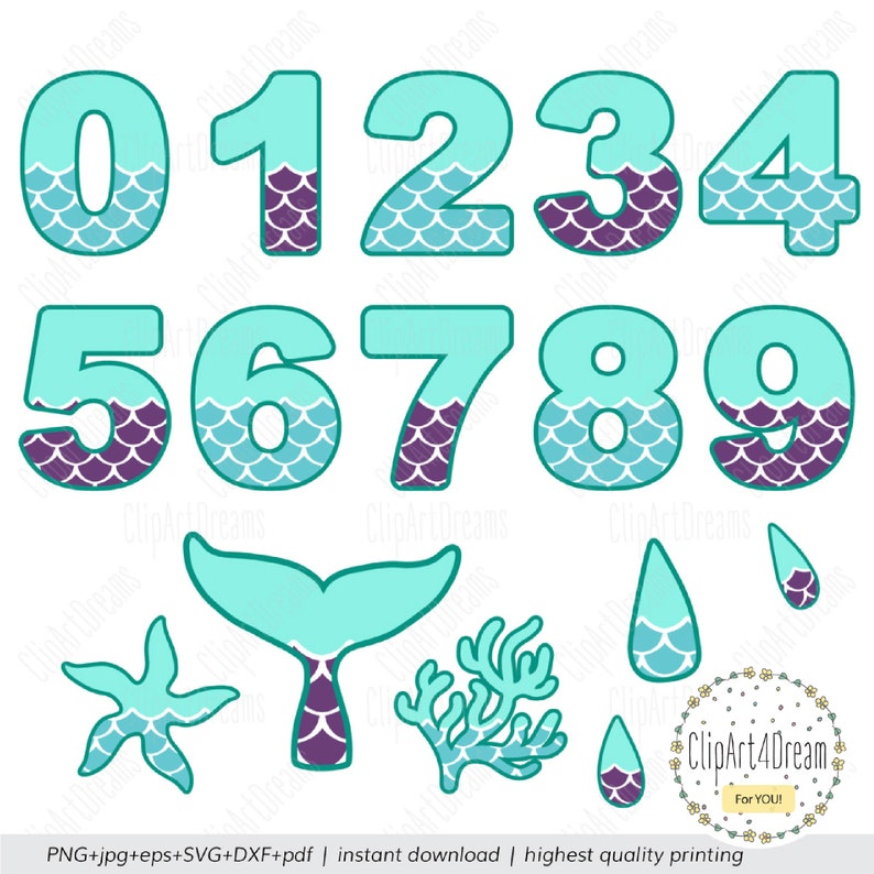 Mermaid Numbers SVG Outline Mermaid Tail Starfish PNG Numbers Digital ...