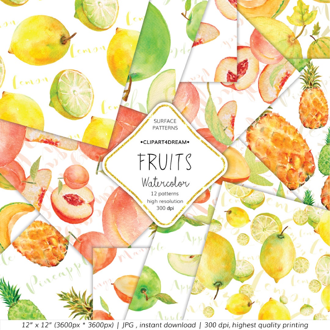 Watercolor Fruit Digital Paper Pack Seamless Pattern - Lemon, Melon ...