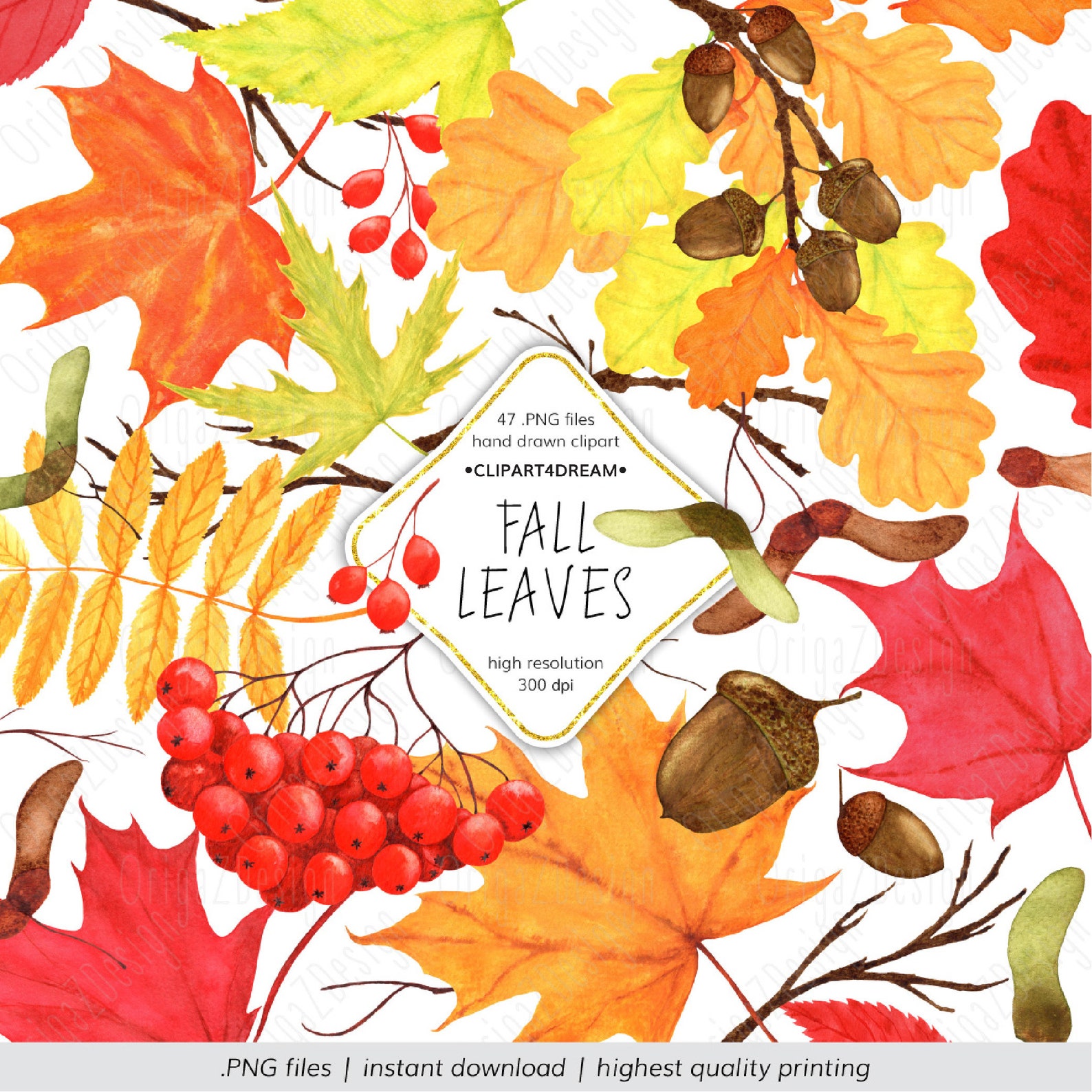 Cozy Autumn Leaves Clipart Fall Seasonal Watercolor Branches Red Berry ...