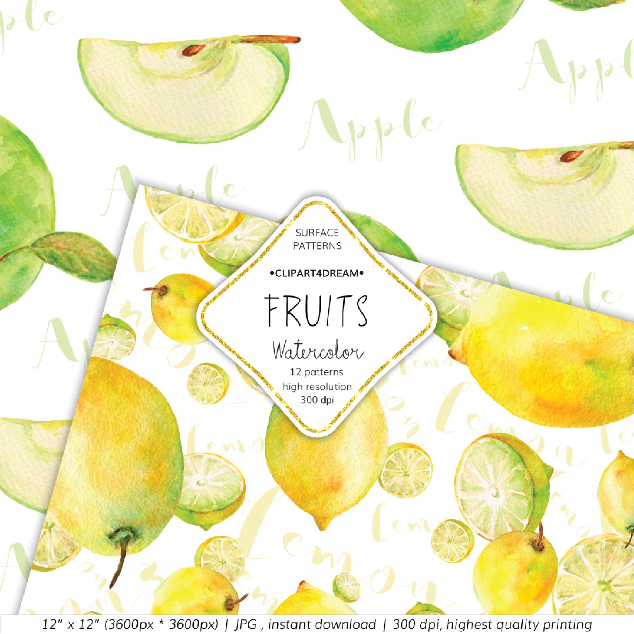 Watercolor Fruit Digital Paper Pack Seamless Pattern Lemon - Etsy