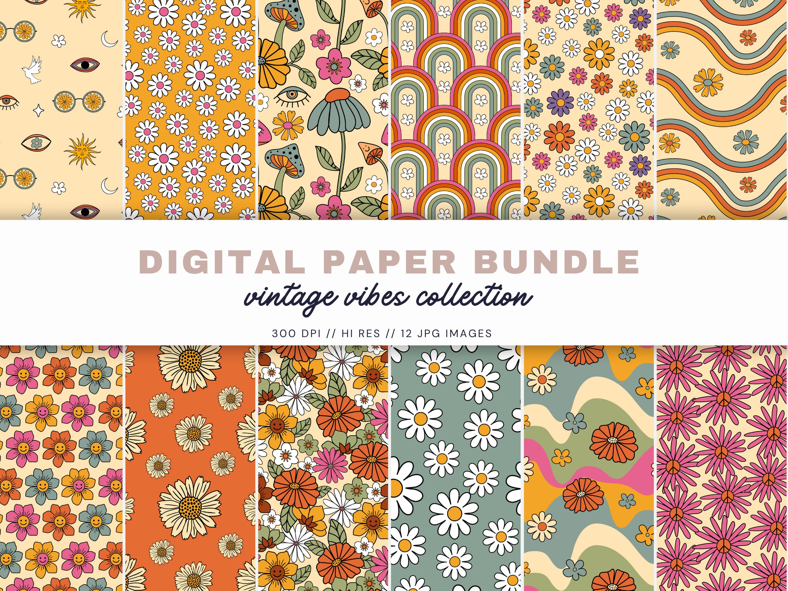 Vintage Vibes Digital Paper Bundle, Seamless Repeat Pattern ...