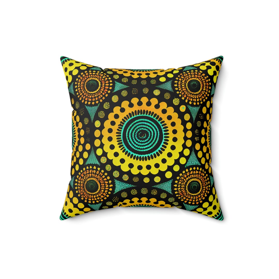 Green and Yellow Circular Bogolan Print Polyester Square Pillow Tribal ...