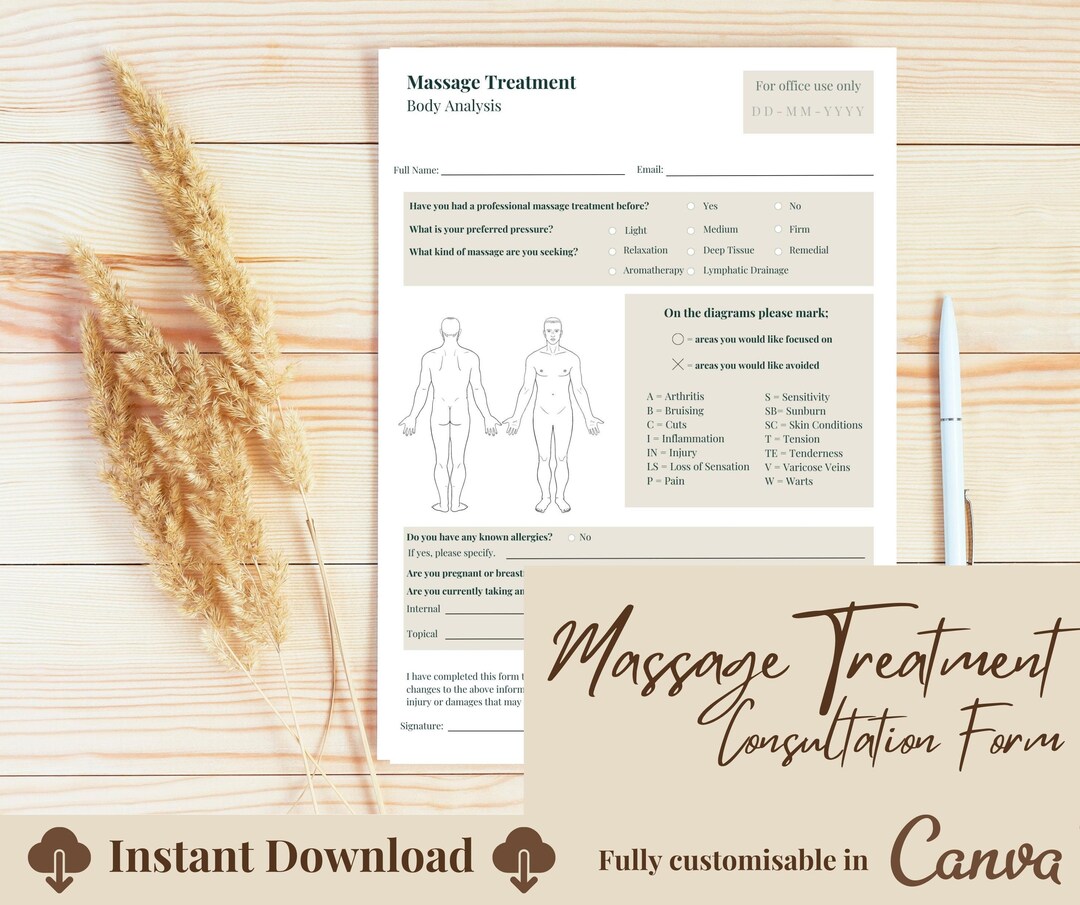 Massage Body Analysis Printable Form, EDITABLE Massage Therapy ...