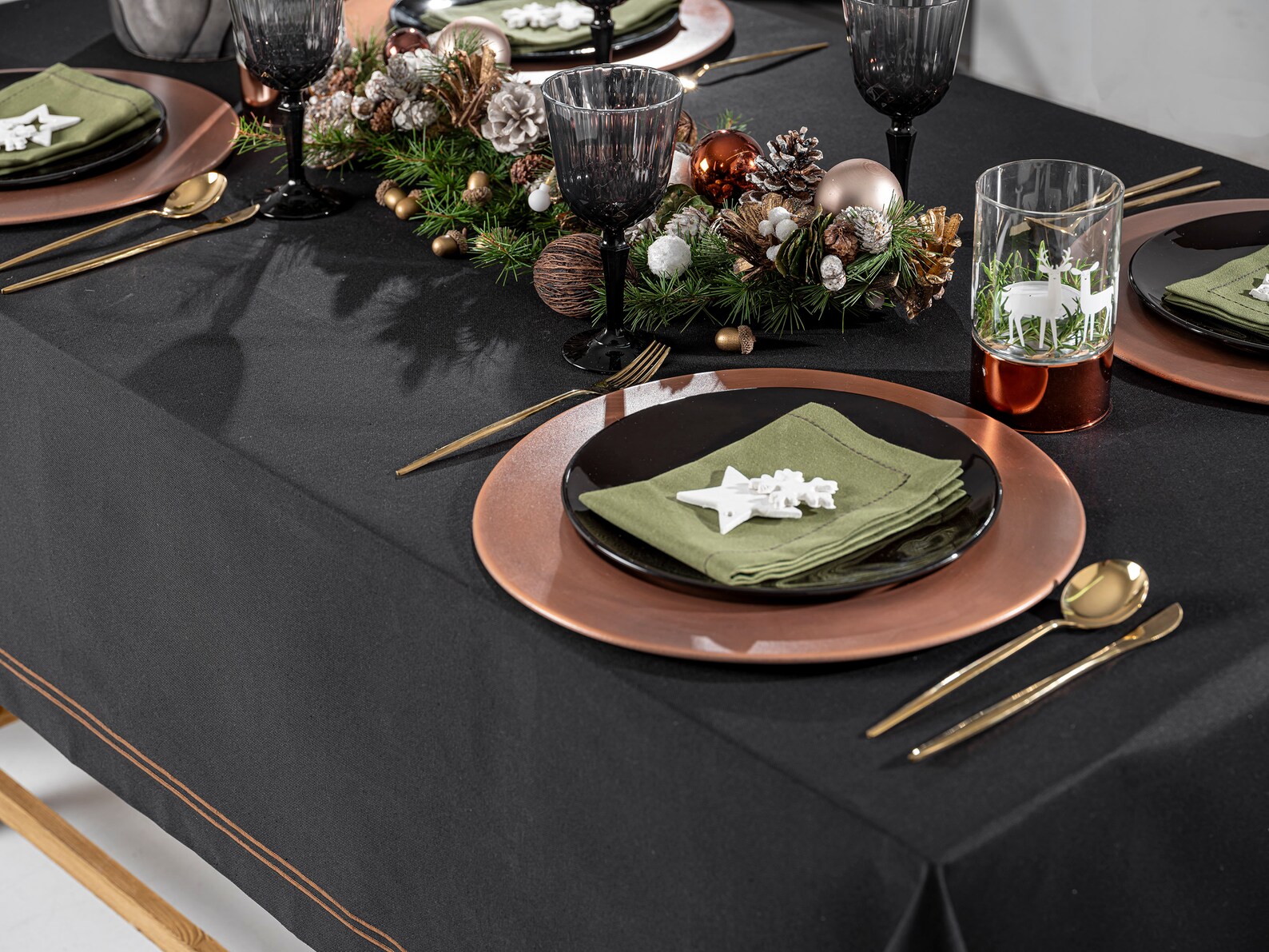 Luxury Black Linen Tablecloth With Bronze Embroidery Detailing ...