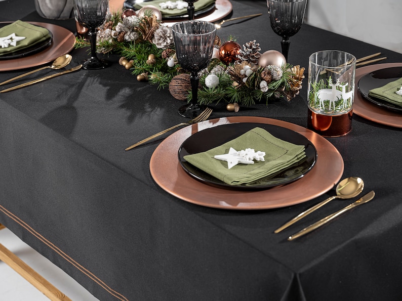 Luxury Black Linen Tablecloth With Bronze Embroidery Detailing ...