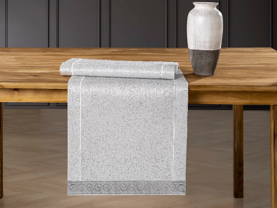 Luxury Shiny Silver Table Runner With White Border Embroidered ...