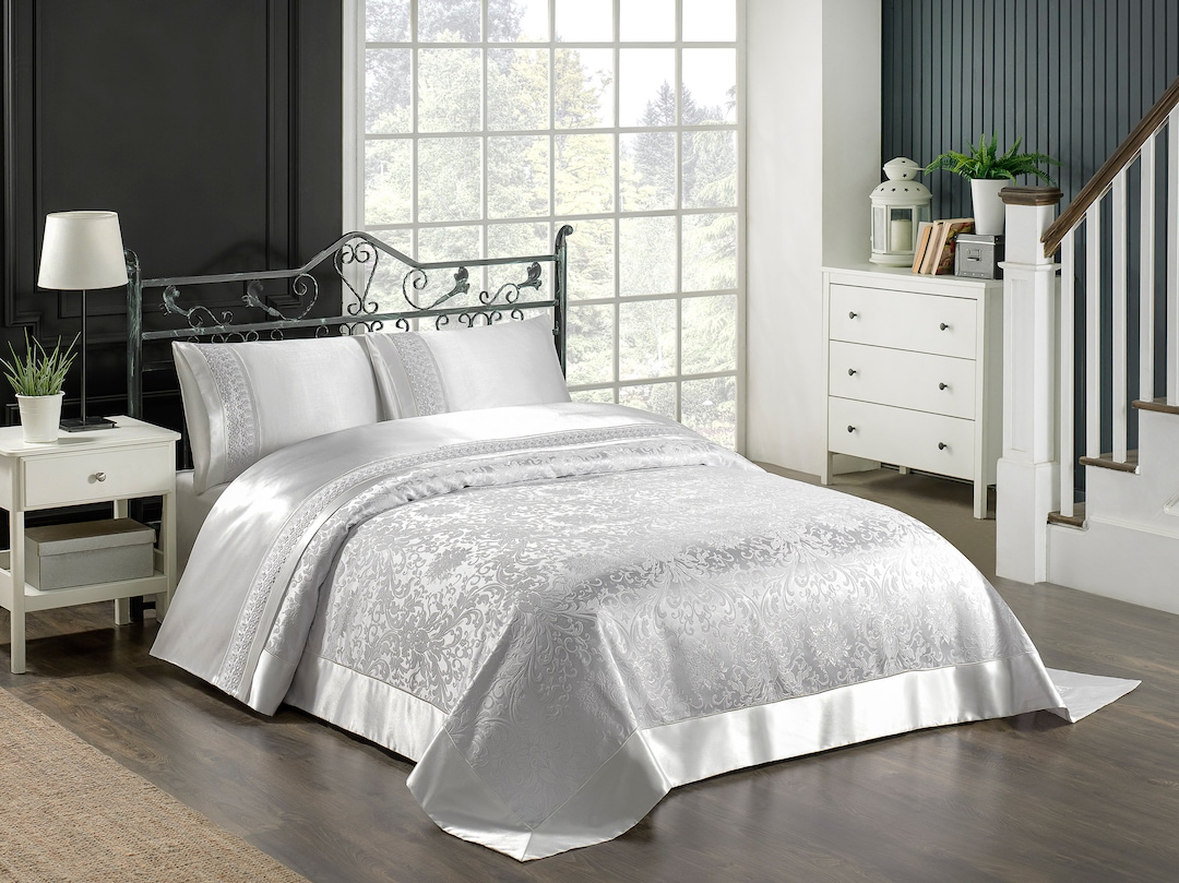 Luxe White Cotton Satin Blanket Set, Lace Detail, Full Size - Etsy