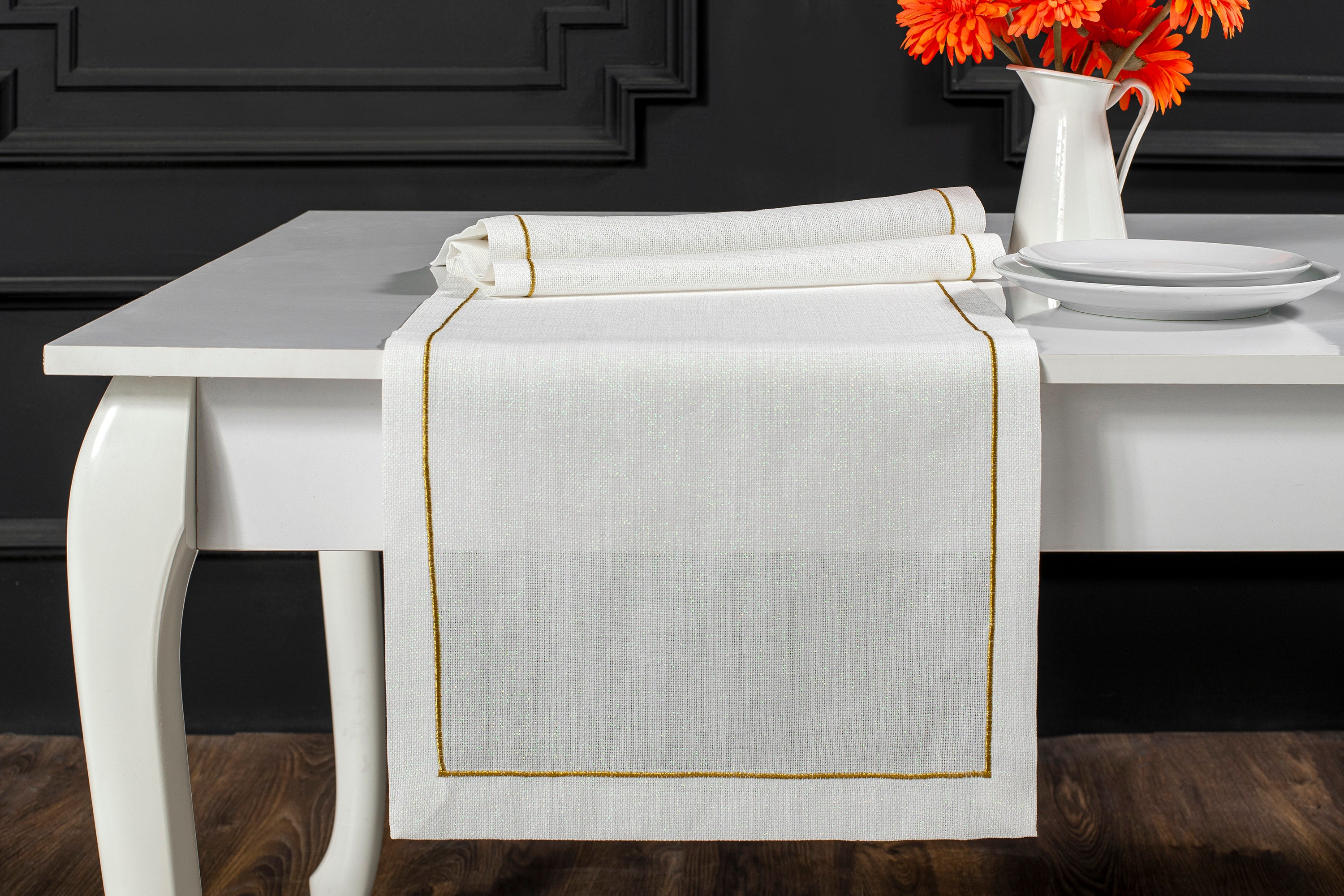White Elegant Linen Table Runner With Gold Embroidered. Modern Wedding ...