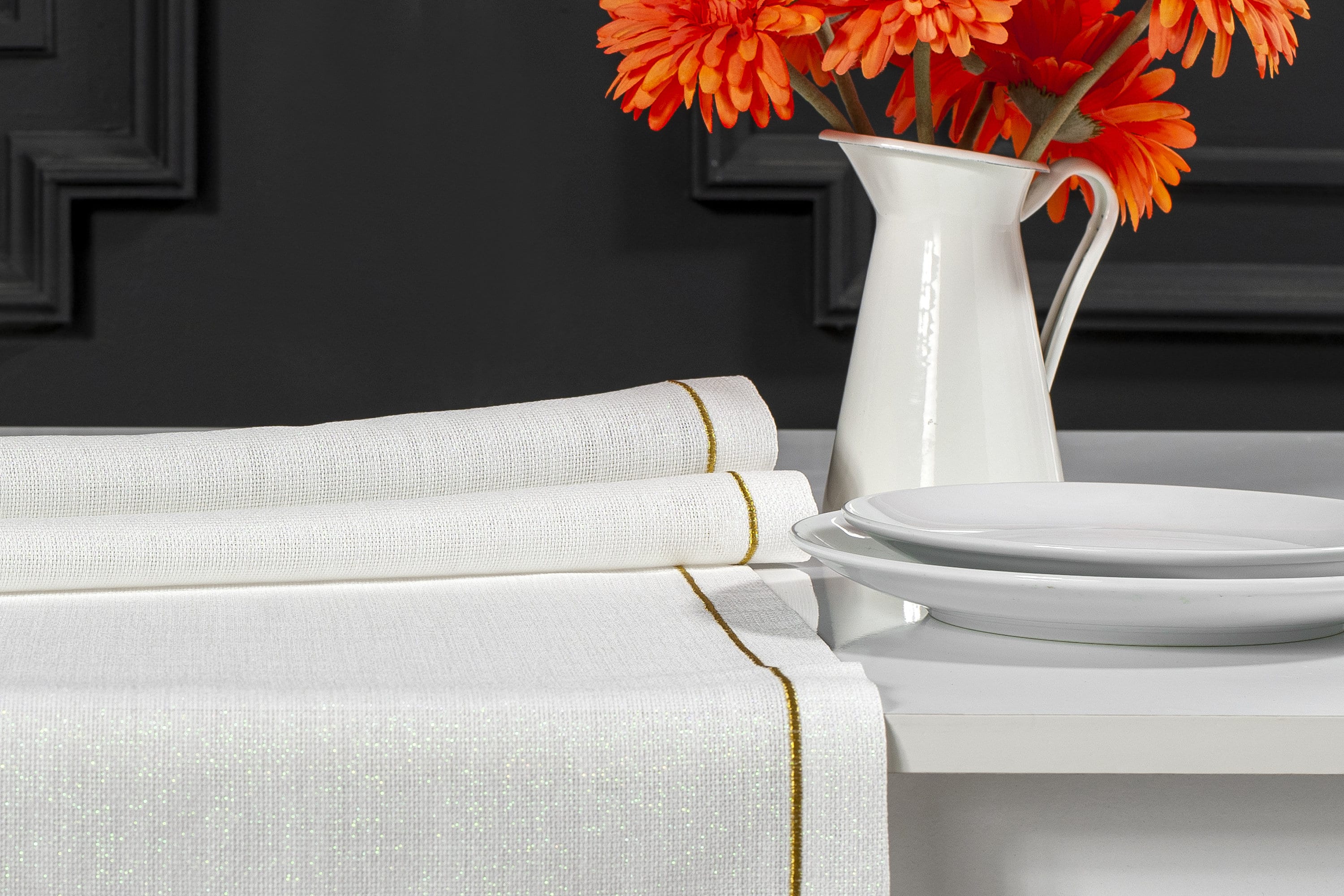 White Elegant Linen Table Runner With Gold Embroidered. Modern Wedding ...