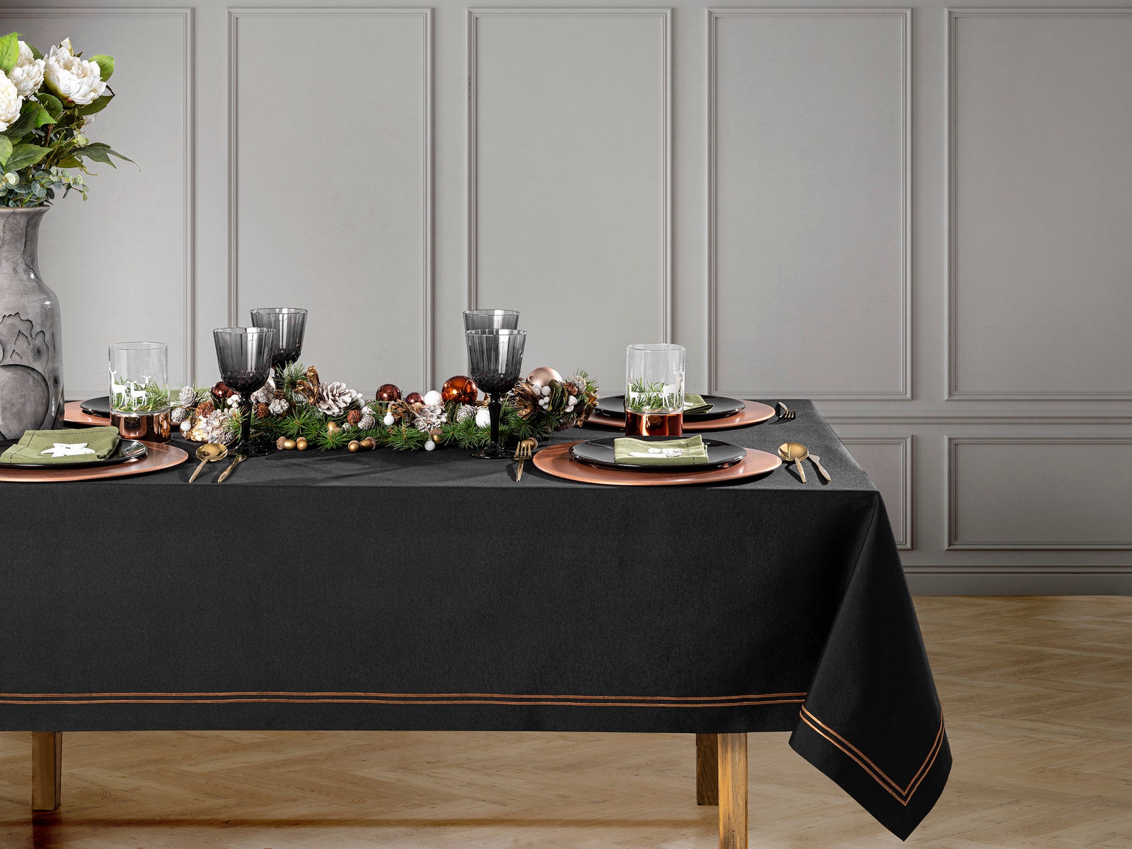 Luxury Black Linen Tablecloth With Bronze Embroidery Detailing ...