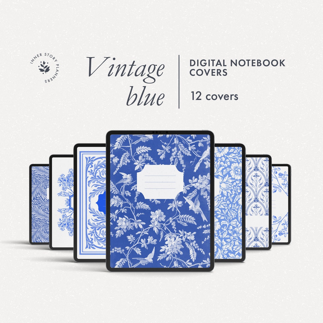 12 Digital Notebook Covers With Vintage Blue Ornaments, Goodnotes and ...