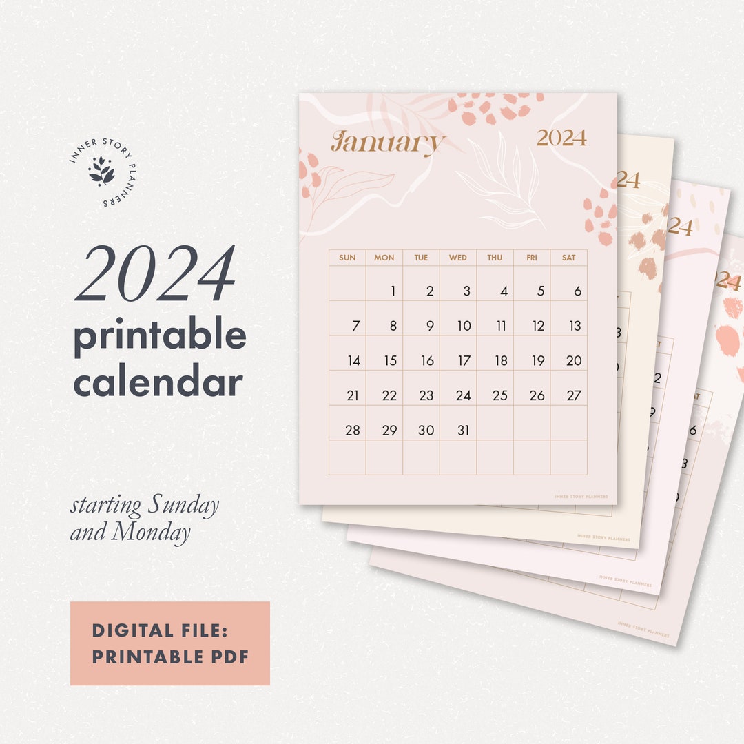 2024 Printable Calendar, Subtle Pink Beige Monthly Planner Vertical ...