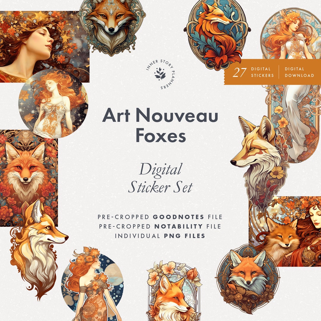 Art Nouveau Fox Stickers: Alphonse Mucha Style, Digital Journaling ...