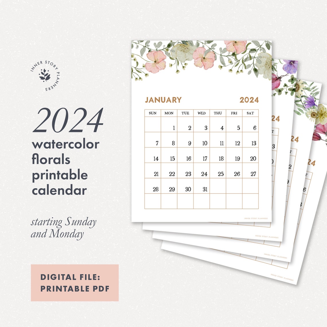 2024 Printable Calendar, Watercolor Floral Monthly Planner Vertical ...