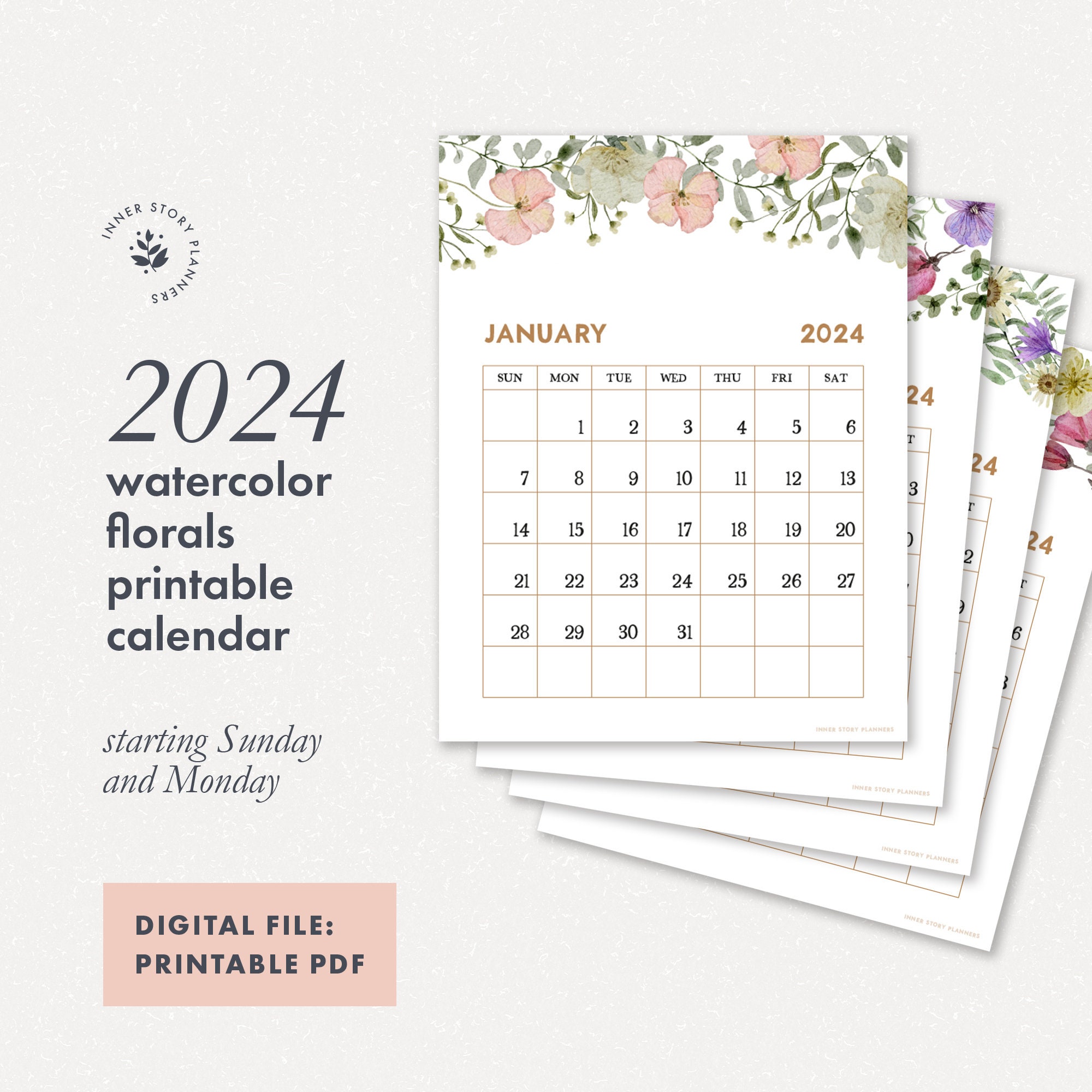 2024 Printable Calendar, Watercolor Floral Monthly Planner Vertical ...