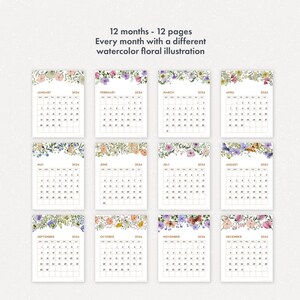 2024 Printable Calendar, Watercolor Floral Monthly Planner Vertical ...