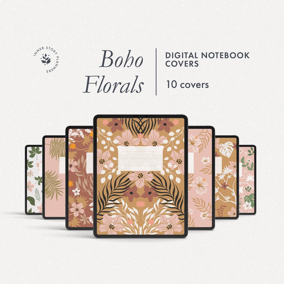 10 Digital Notebook Covers With Boho Style Florals, Aesthetic Goodnotes ...