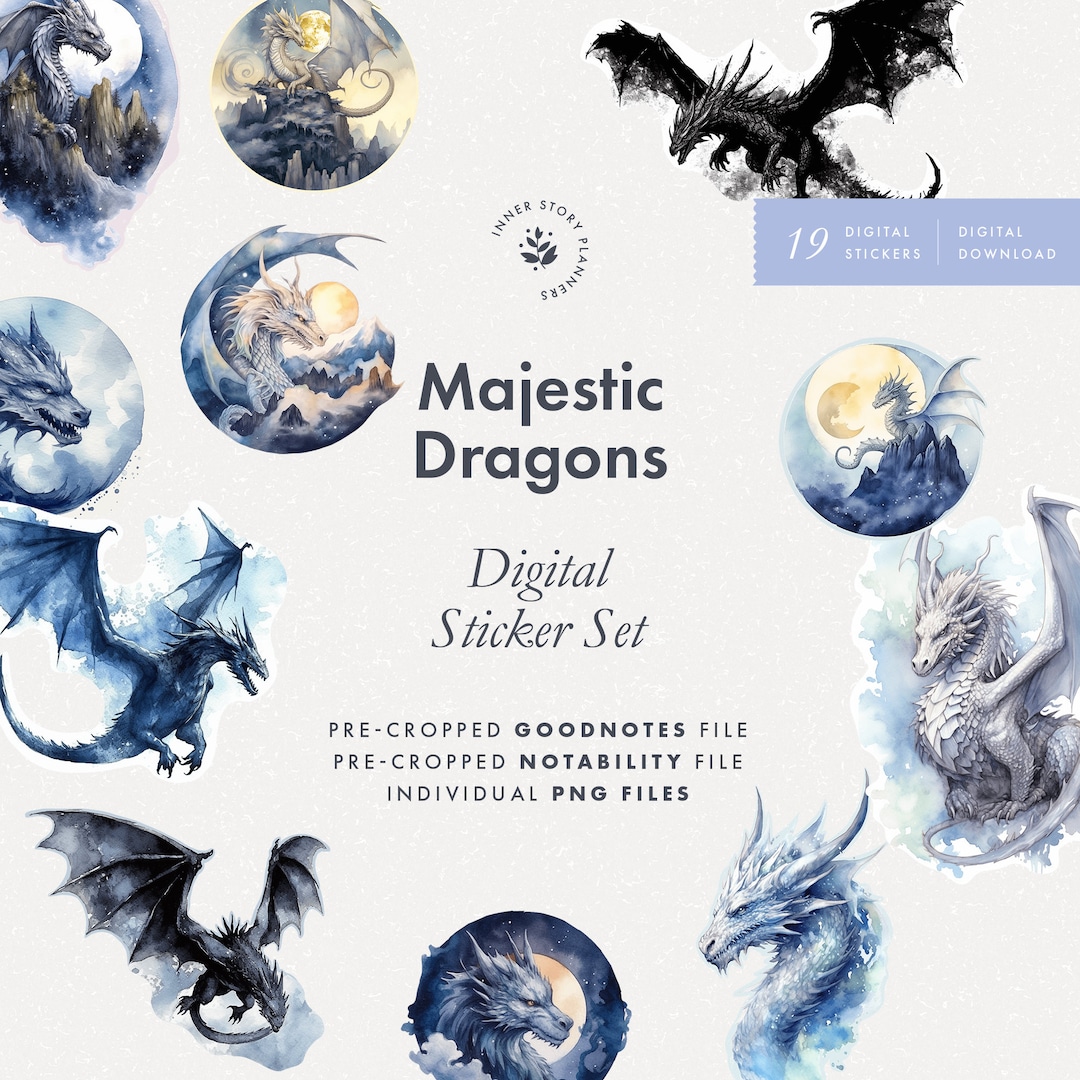 Majestic Dragons Digital Sticker Set, Decorative Wyvern Stickers, Dark ...