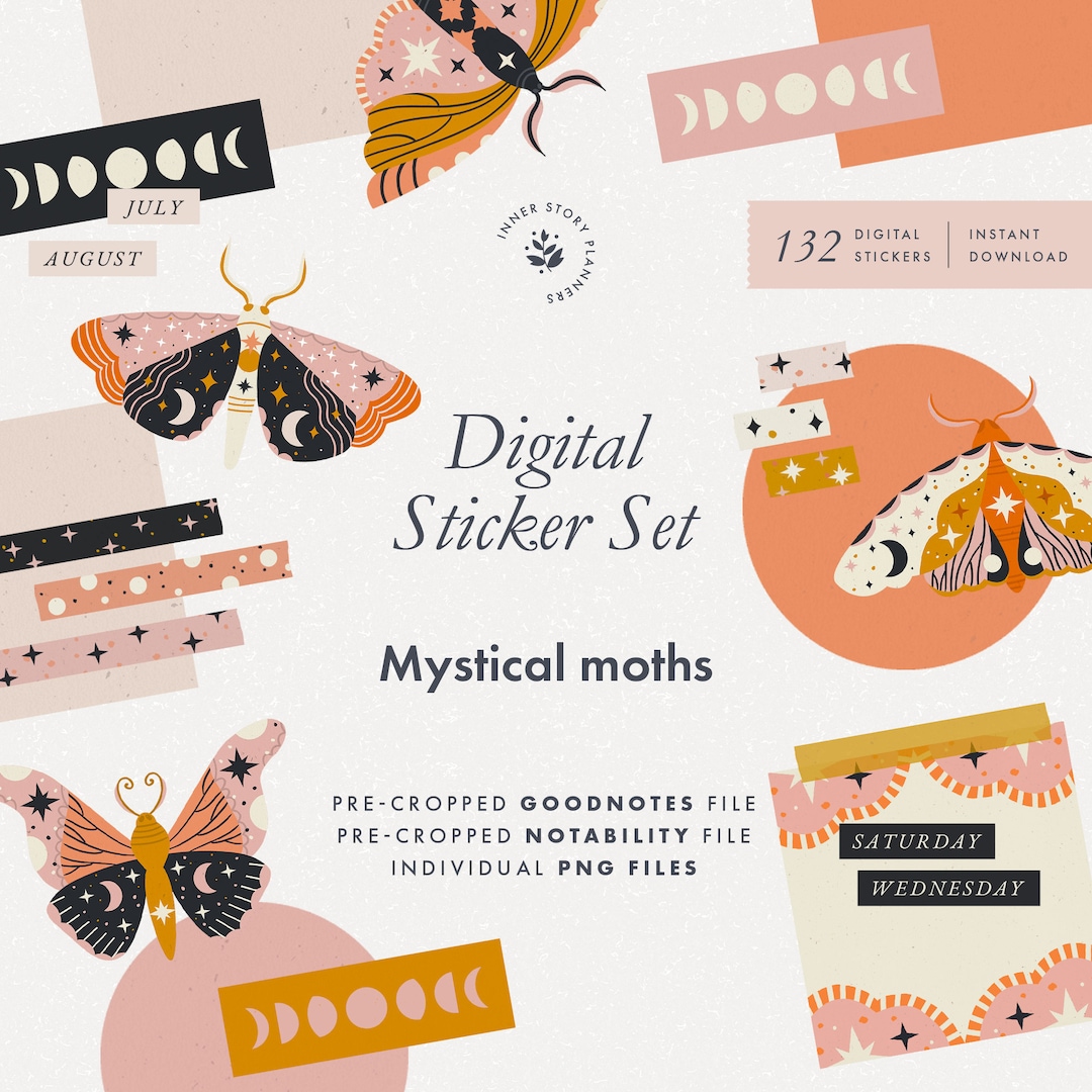 Mystical Moths Digital Stickers, Lunar Butterfly Stickers for Digital ...