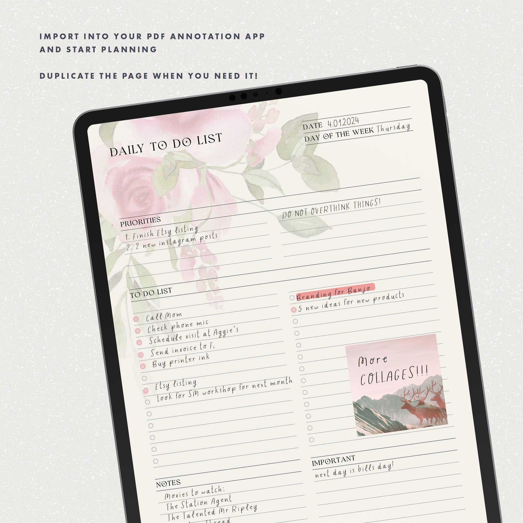 Digital to Do List Goodnotes Template, Romantic to Do List Page, Daily ...