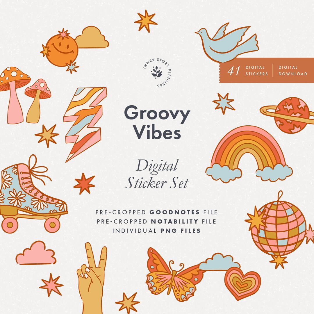 Groovy Vibes Digital Sticker Set, Retro Style Mood Board Elements for ...