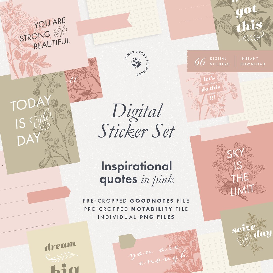 Inspirational Quotes Digital Stickers, Pink Digital Journal Stickers ...