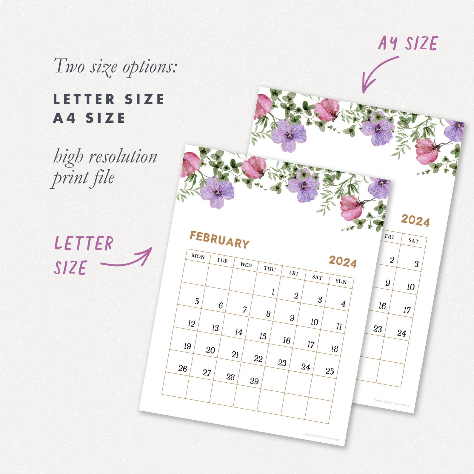 2024 Printable Calendar, Watercolor Floral Monthly Planner Vertical ...