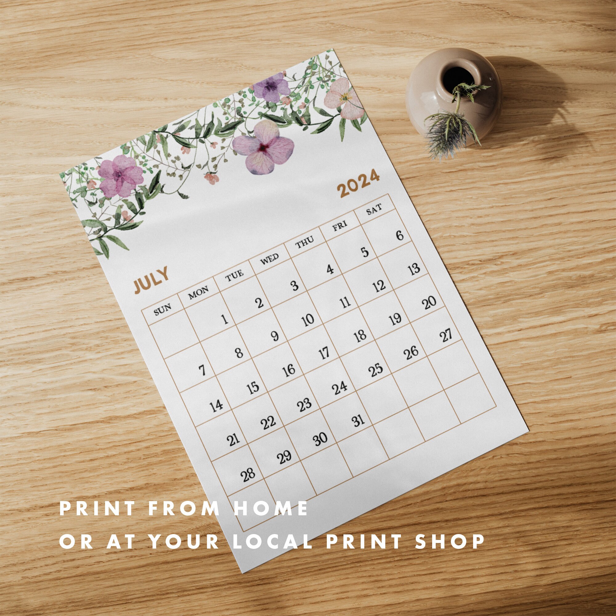 2024 Printable Calendar, Watercolor Floral Monthly Planner Vertical ...