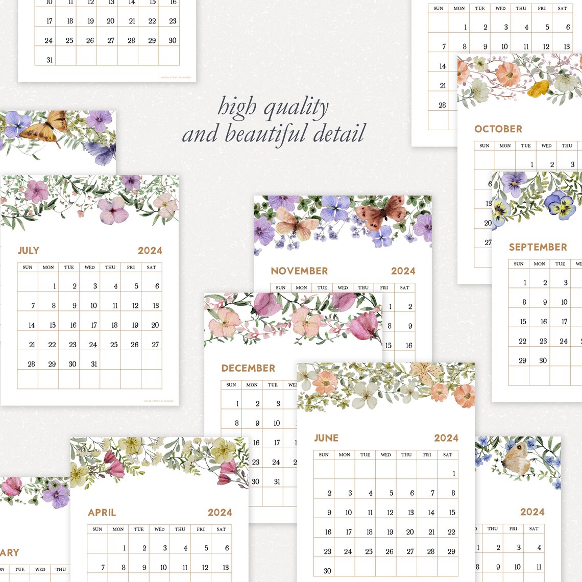 2024 Printable Calendar, Watercolor Floral Monthly Planner Vertical ...