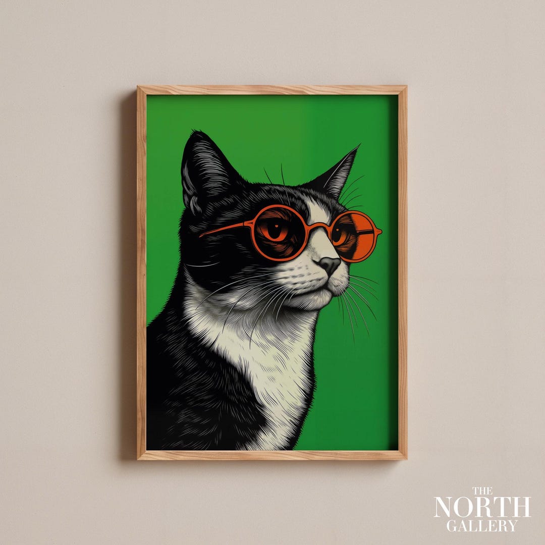 Cool Cat Poster – Modern Art Print With Orange Sunglasses - Etsy