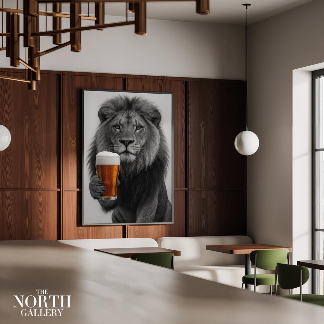 Funny Lion Beer Poster Print | Bold Bar Cafe Wall Art Decor on Matte ...