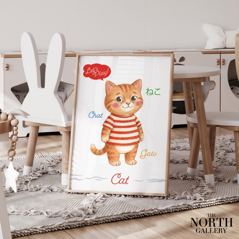 Cat Nursery Poster Multilingual, Kids Learning Wall Art, Baby Room ...