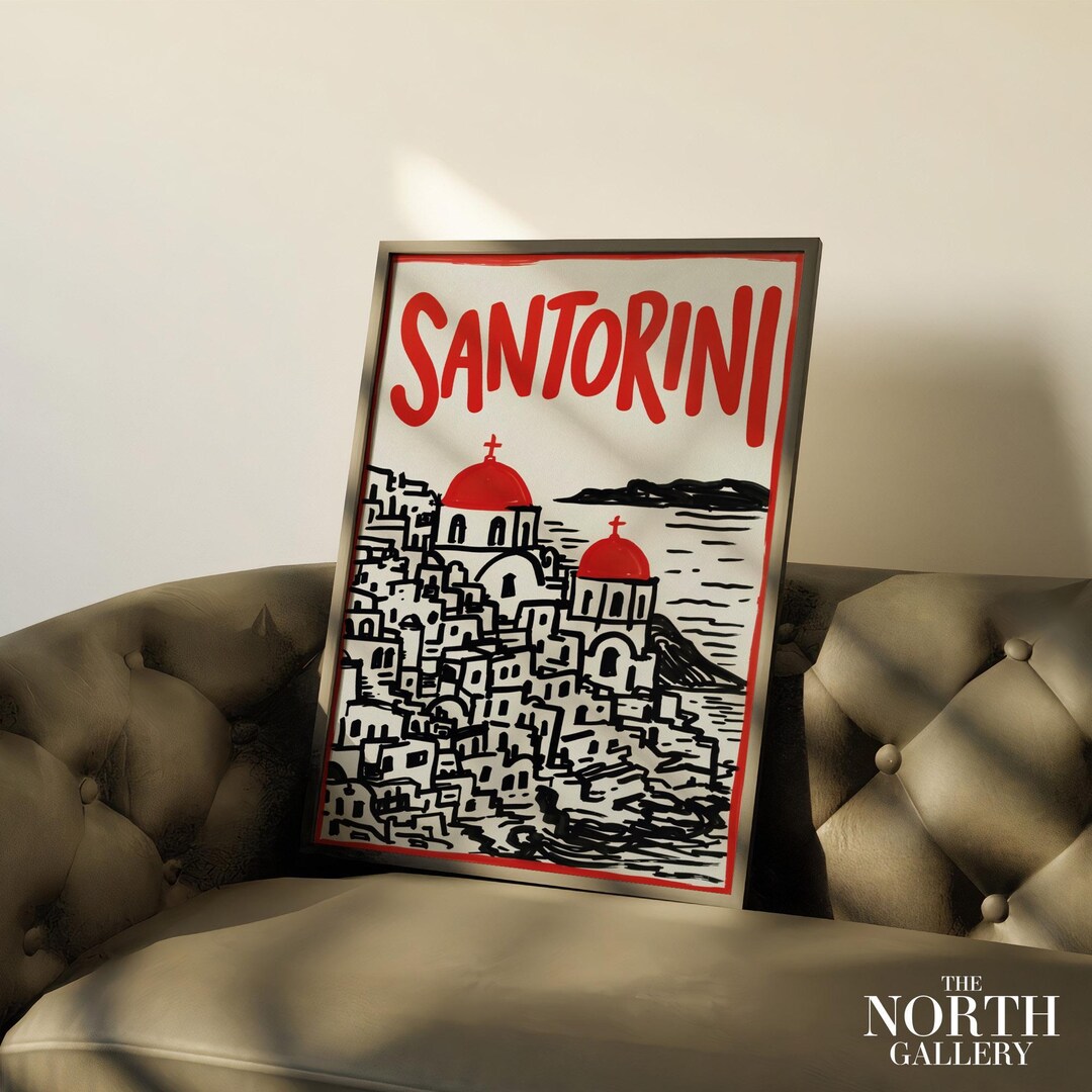 SANTORINI Line Drawing Travel Poster – Coastal Architecture ...