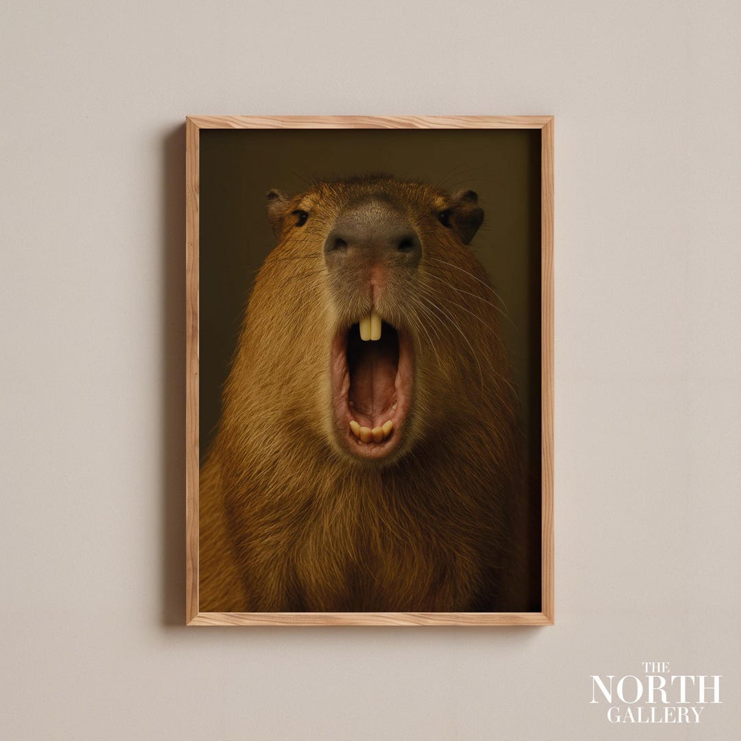Funny Capybara Art Print, Close-up Open Mouth Rodent Poster, Dynamic ...