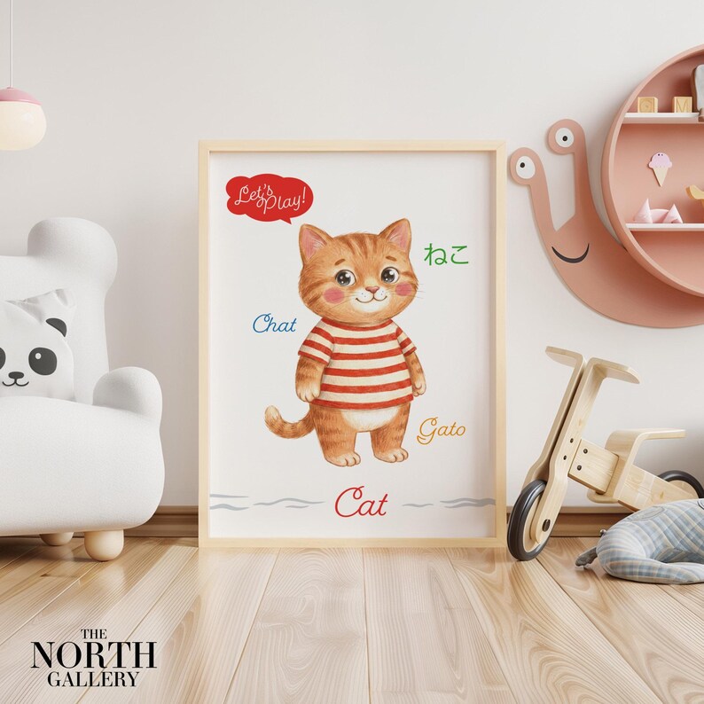 Cat Nursery Poster Multilingual, Kids Learning Wall Art, Baby Room ...