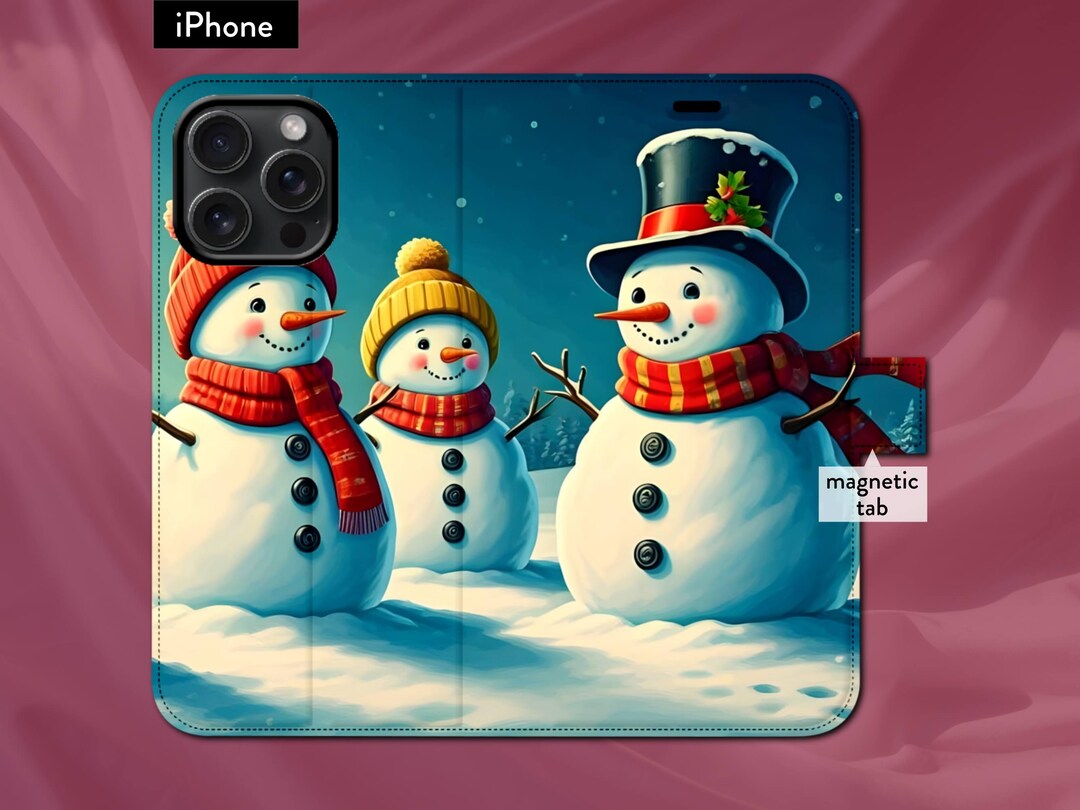 Snowmen Retro Christmas Illustration, iPhone Flip Folio Wallet Case ...