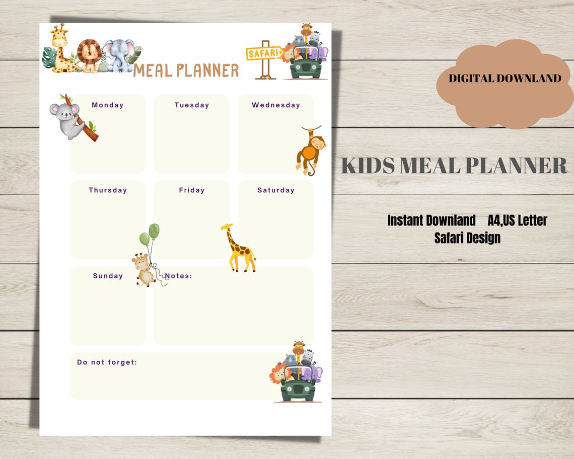Kids Meal Planner, Printable Weekly Meal Planer, Safari Design, Daily ...