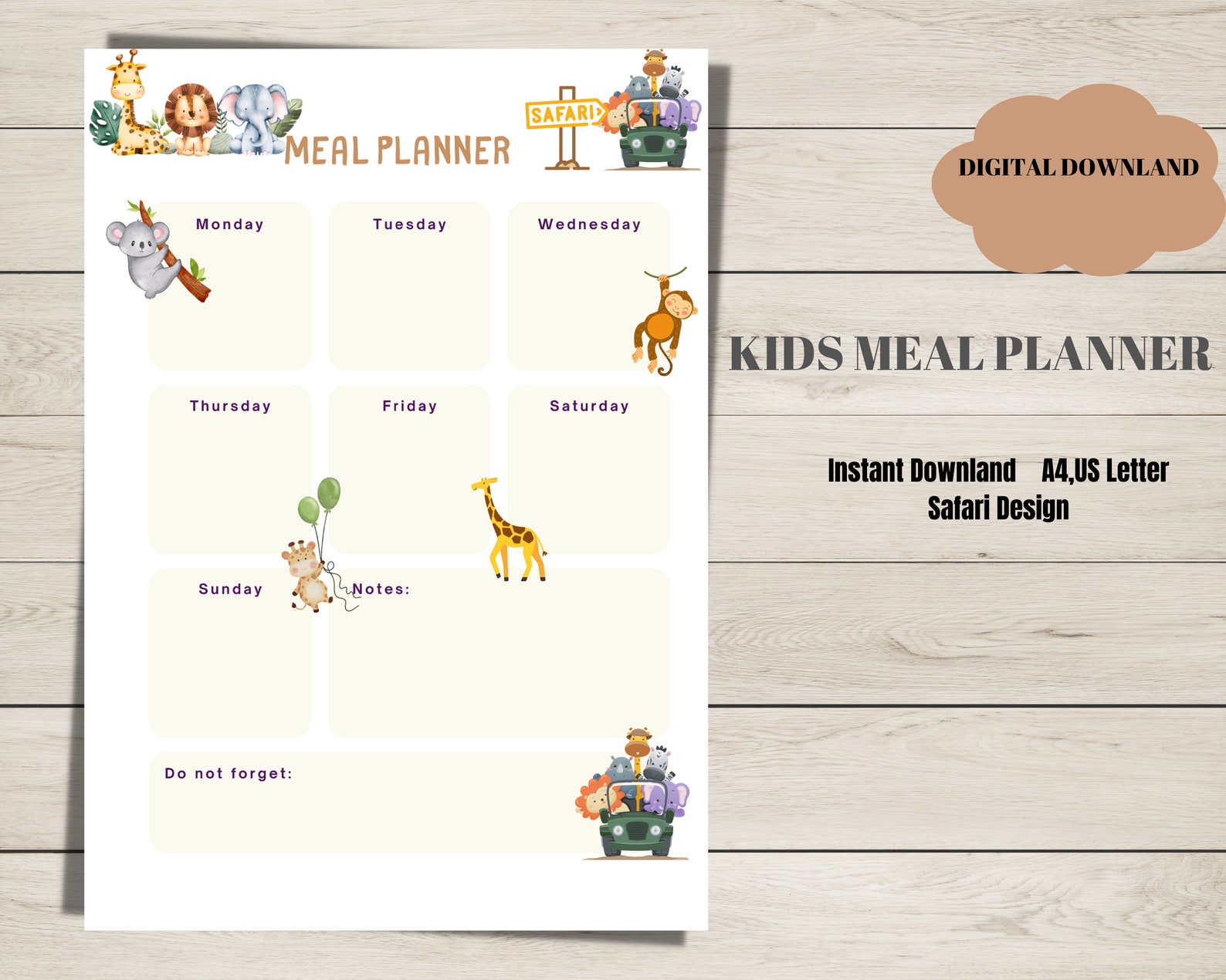 Kids Meal Planner, Printable Weekly Meal Planer, Safari Design, Daily ...