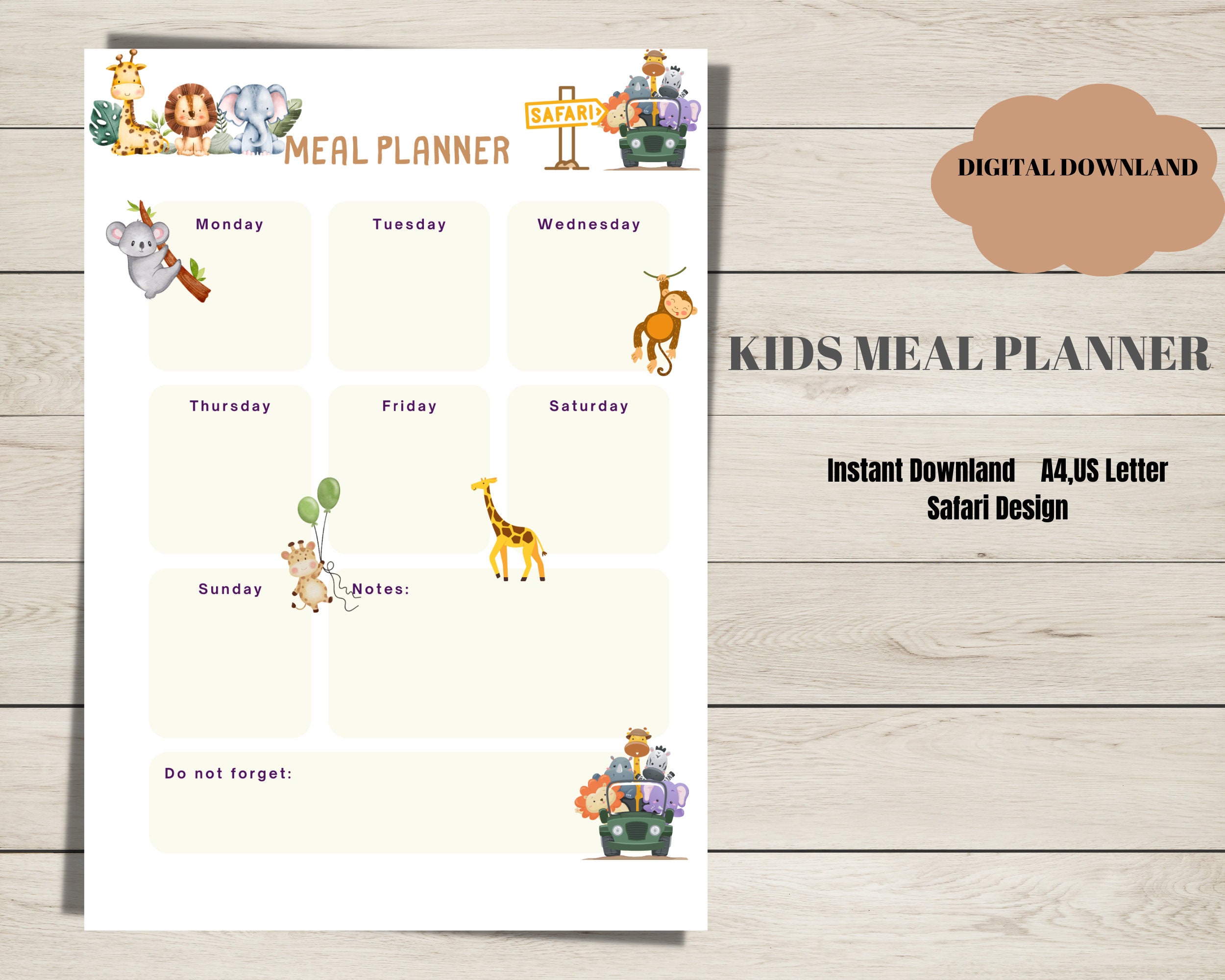 Kids Meal Planner, Printable Weekly Meal Planer, Safari Design, Daily ...