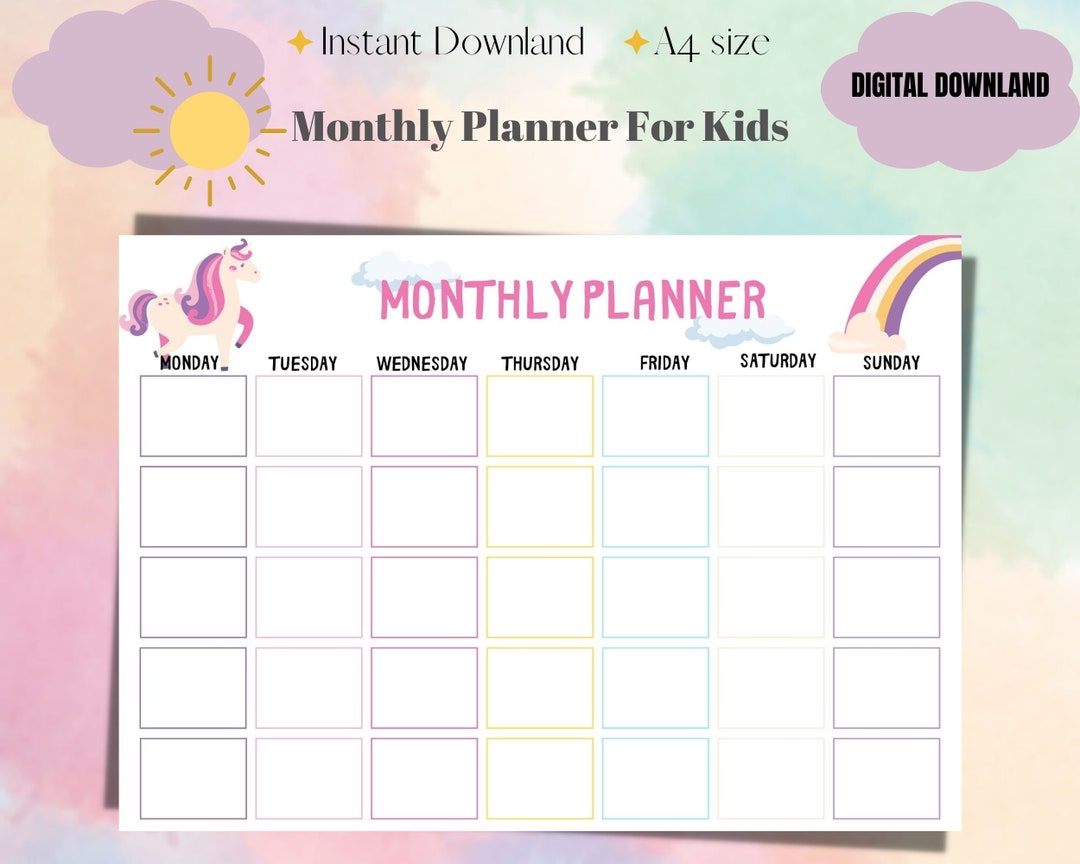Kids Monthly Planner, Unicorn Daily Planner, Homeschool Planner, Kids ...