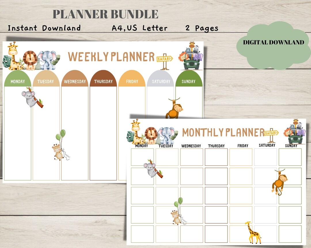 Kids Planner Bundle, Safari Planner Set, Kids Weekly Planner, Monthly ...