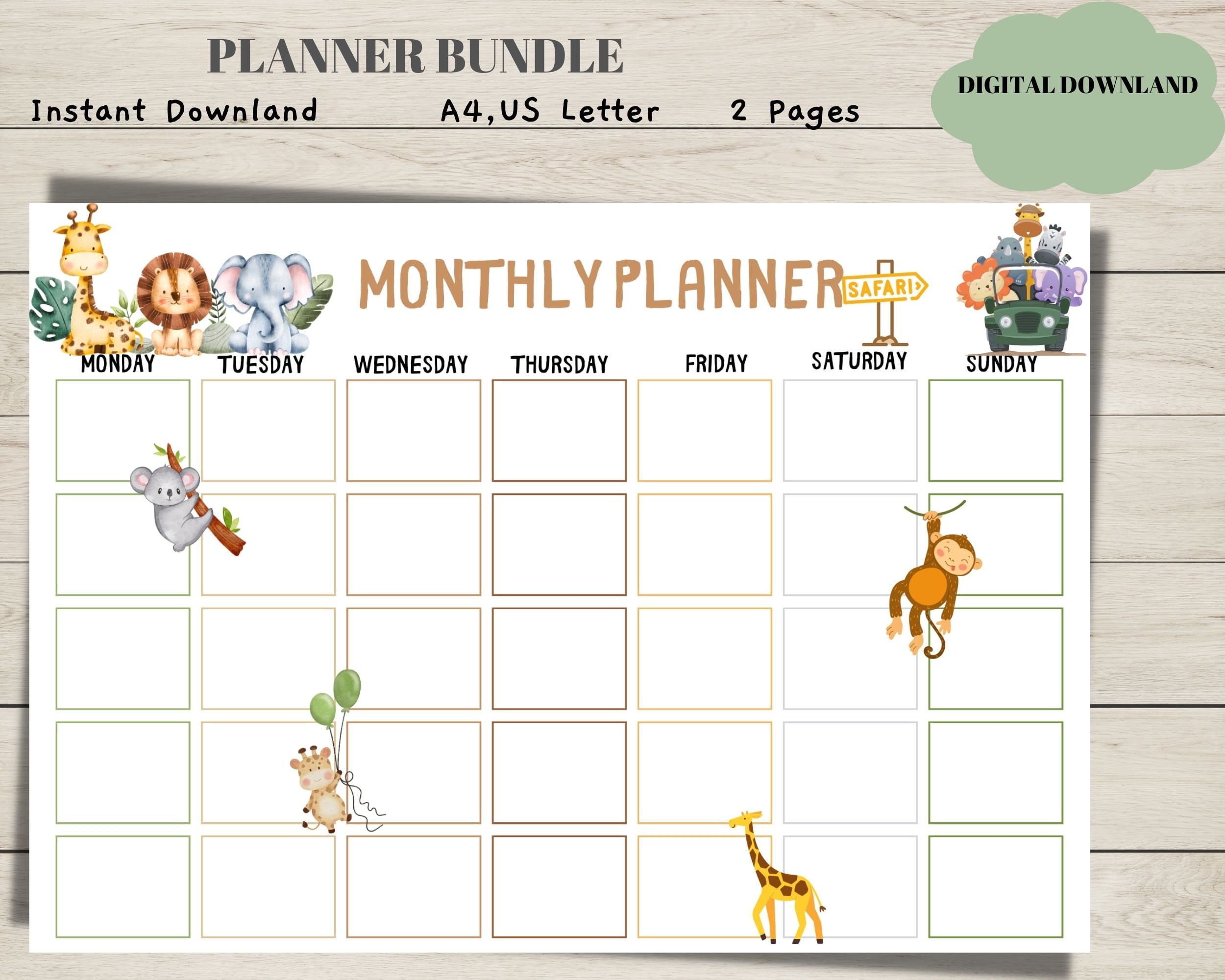 Kids Planner Bundle, Safari Planner Set, Kids Weekly Planner, Monthly ...
